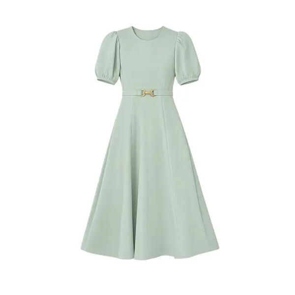 YUMI Mint Skater Dress With Puff Sleeves And Buckle Detail - Green