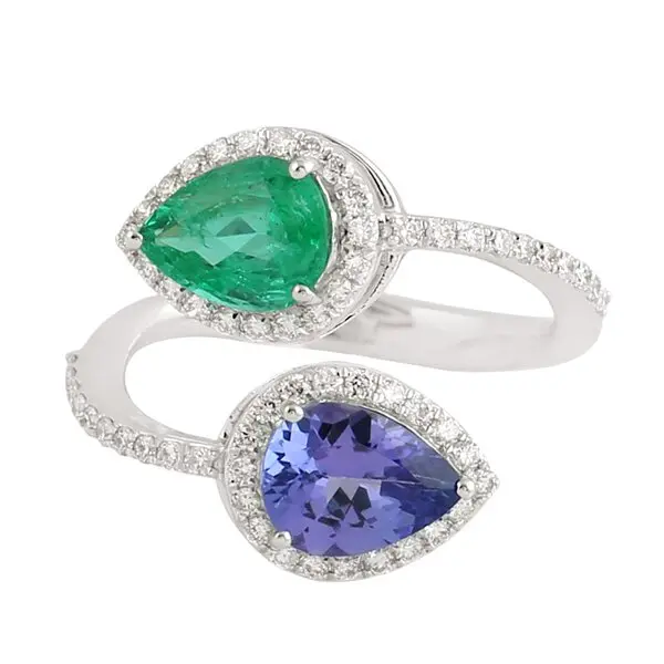 ARTISAN Emerald, Tanzanite, And Diamond Open Bypass Ring In 18k White Gold - Green/white/blue