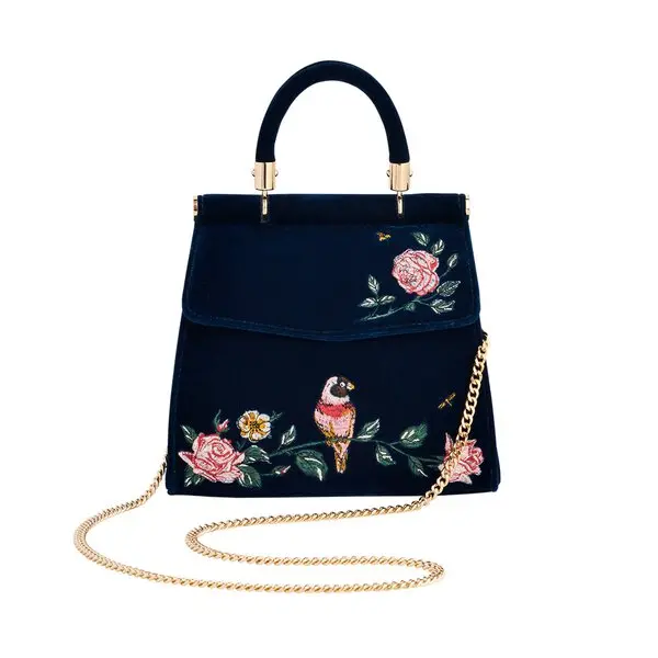 FABLE ENGLAND Rosy Posy Embroidered Mini Top Handle Tote - Blue