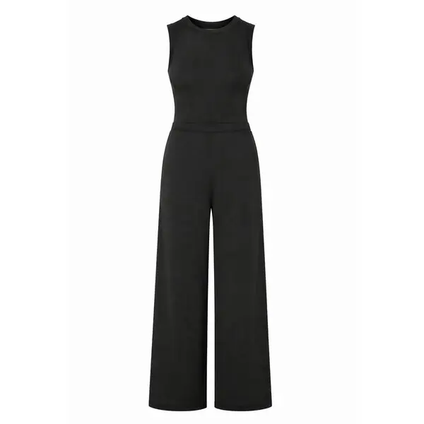OH!ZUZA NIGHT&DAY Ribbed Set Fitted Top & Wide-leg Trousers - Black