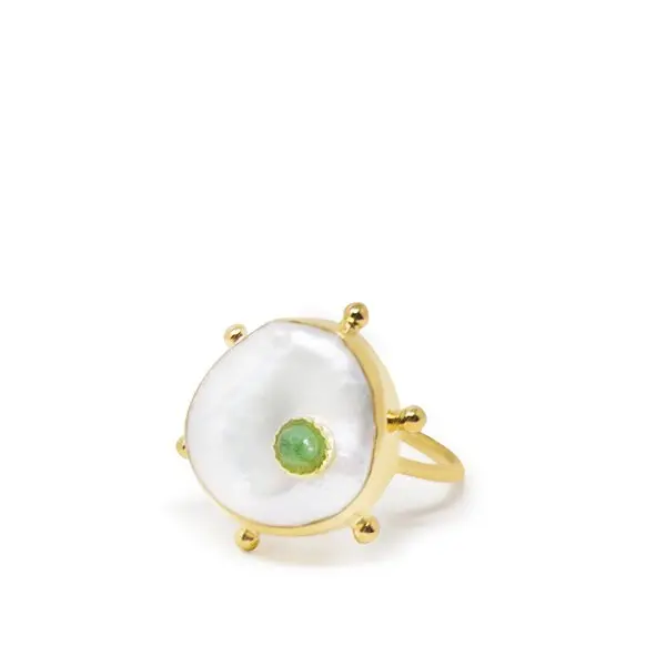 VINTOUCH ITALY 18 Karat Gold Plated Sterling Silver Pearl And Emerald Ring - Green/white/gold