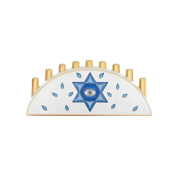 KARMA AND LUCK White / Blue / Gold Soulful Celebration Evil Eye Star Of David Ceramic Menorah - White/blue/gold