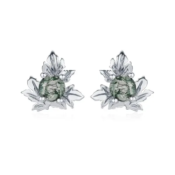 AZURA JEWELRY NEW YORK Frosted Fern Moss Agate Stud Earrings - Silver