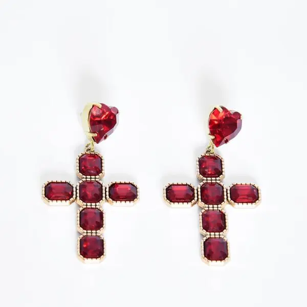 ADDICTED2 Diana Gold Plated Crystal Cross Earrings - Gold/red