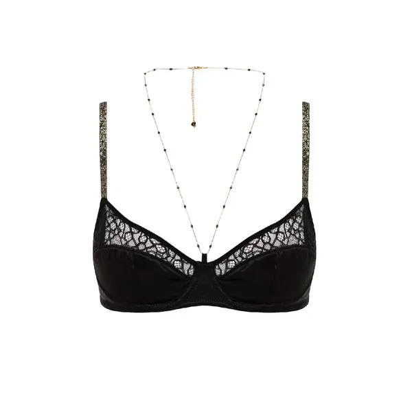 SAETA PARIS Silk & Lace Wired Bra Jewelry Lingerie Leïla - Black