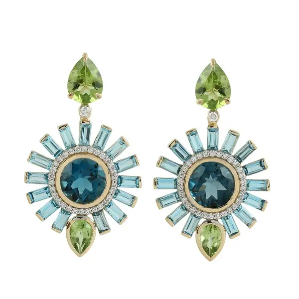 ARTISAN 18k Yellow Blue Topaz, Peridot, And Diamond Earrings - Gold