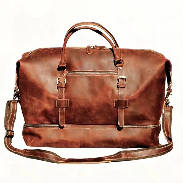 TOURI Leather Weekender Bag With Suit Compartment - Brown
