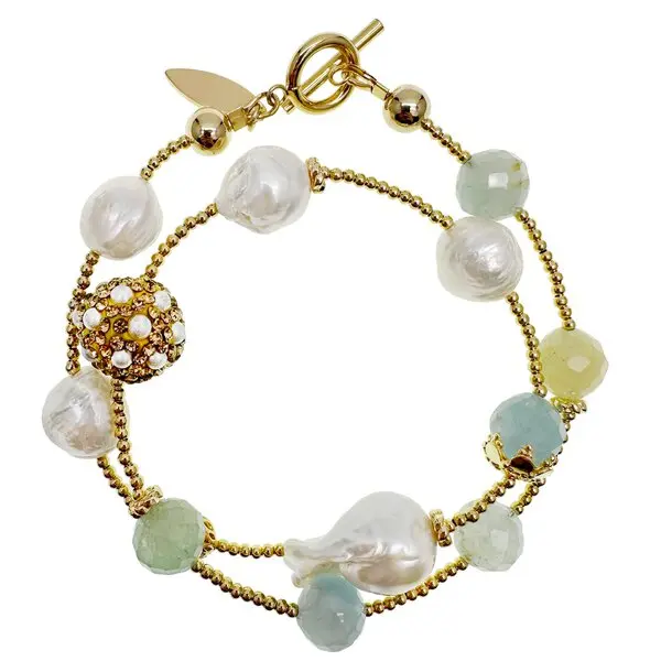 FARRA Baroque Pearl With Aquamarine Double Layer Bracelet - Blue/white