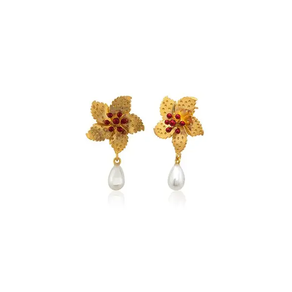 MILOU JEWELRY Flower Pearl Drop Earrings - Red