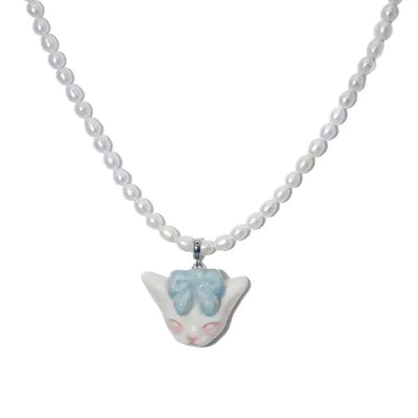 H2 STUDIO Angry Puss Light Jade Bow Tie Pearl Necklace - Blue