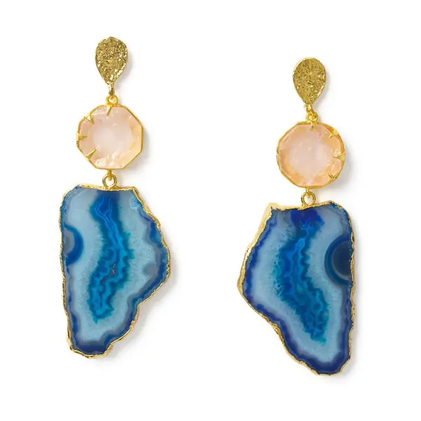 YAA YAA LONDON Hold On Rose Quartz Agate Statement Earrings - Blue