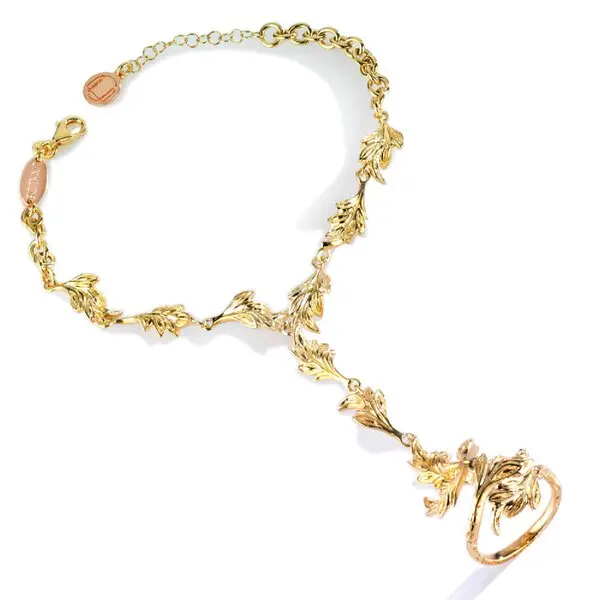 UNALOE Sterling Silver Vermeil Hand Chain Bracelet With Leaf Design - Gold