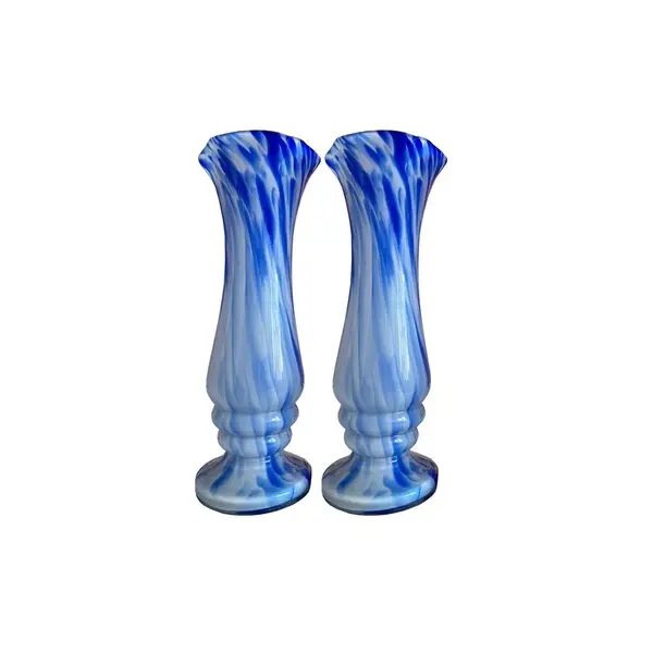 QUILLATTIRE Blue / White Pair Of Vintage Pop Art Glass Vases Blue - Blue/white