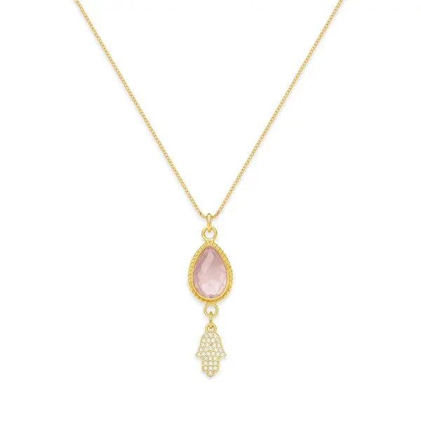 SEVEN SAINTS Rose Quartz Hamsa Pendant Necklace - Pink/gold