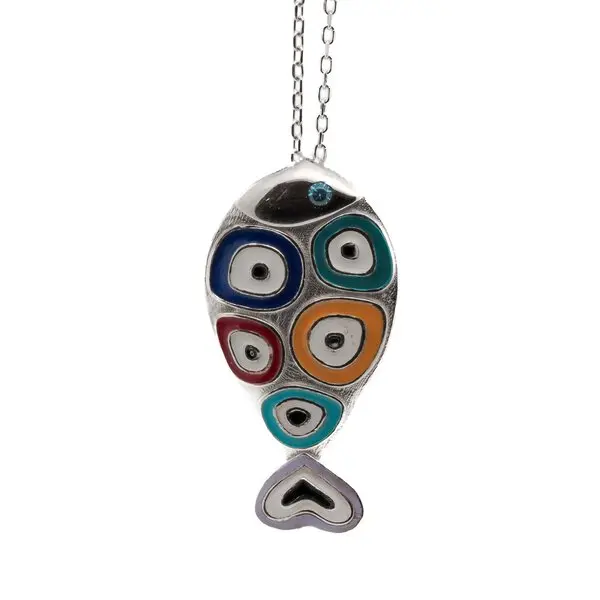 EBRU JEWELRY Enamel Fish Evil Eye Pendant Necklace - Silver
