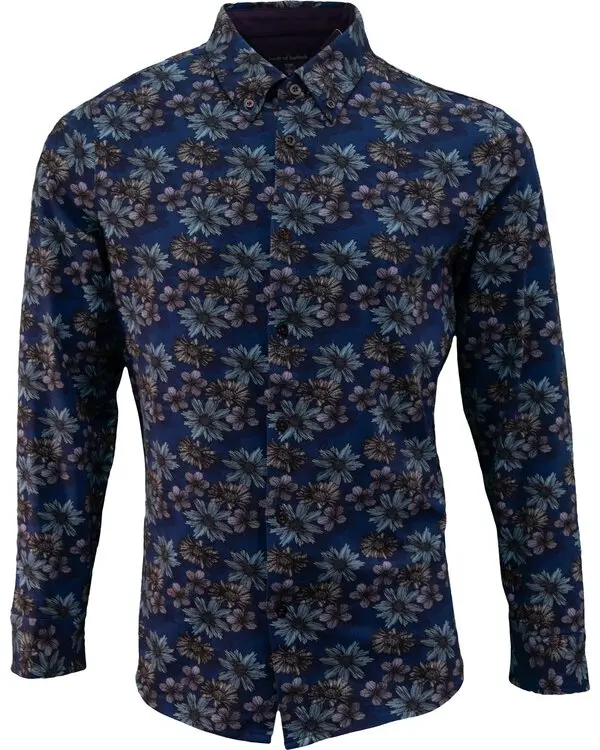 LORDS OF HARLECH Sawyer Italian Floral Knit Shirt Navy - Blue
