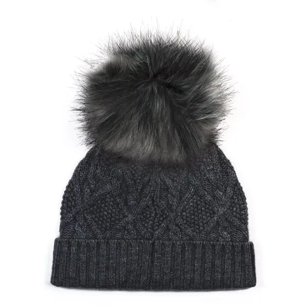 BEL CASHMERE Cable Cashmere Beanie With Detachable Pom Pom - Black