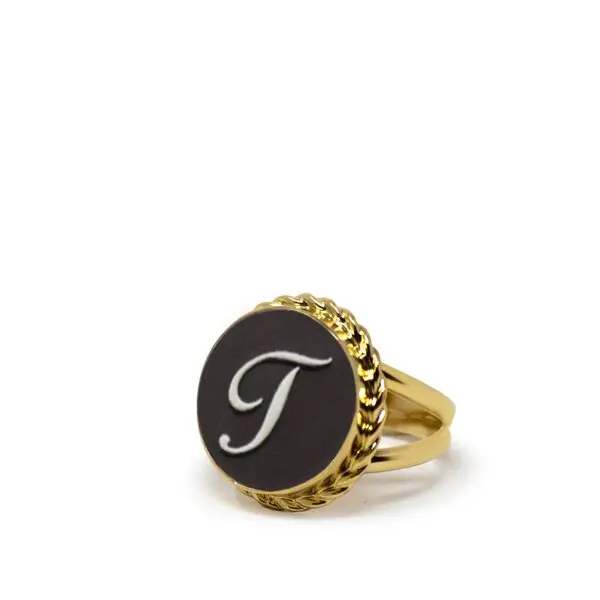 VINTOUCH ITALY Gold Vermeil Initial Cameo Ring - Gold/black