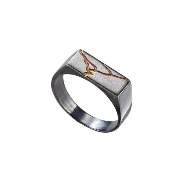 POSH TOTTY DESIGNS Oxidised Sterling Rectangle Kintsugi Signet Ring - Silver