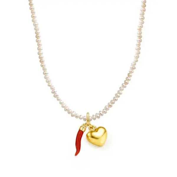 UNALOE Baroque Pearl Necklace With Coral Cornicello And Silver Heart - Gold