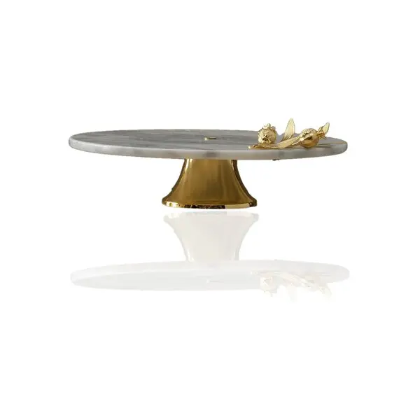 MARLETH Gold / Grey Round White Marble Serving Stand With Gold Pomegranate Detail - Gold/grey