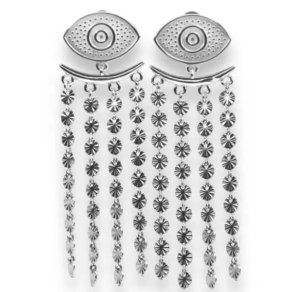 JAGGED HALO JEWELRY Cleo Evil Eye Tassel Earrings - Silver