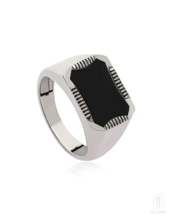 THE JEWELZ Sterling Silver Black Onyx Signet Ring - Silver/white