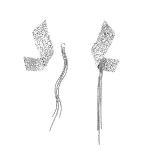 BELLATRICK Moon Rock Texture Twisted Earrings With Tassel - Silver