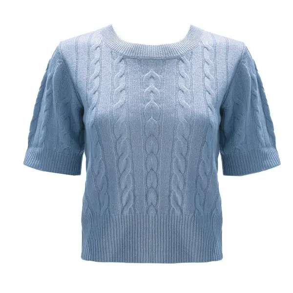 ZENZEE Cashmere Cable Knit Short Sleeve Sweater - Blue