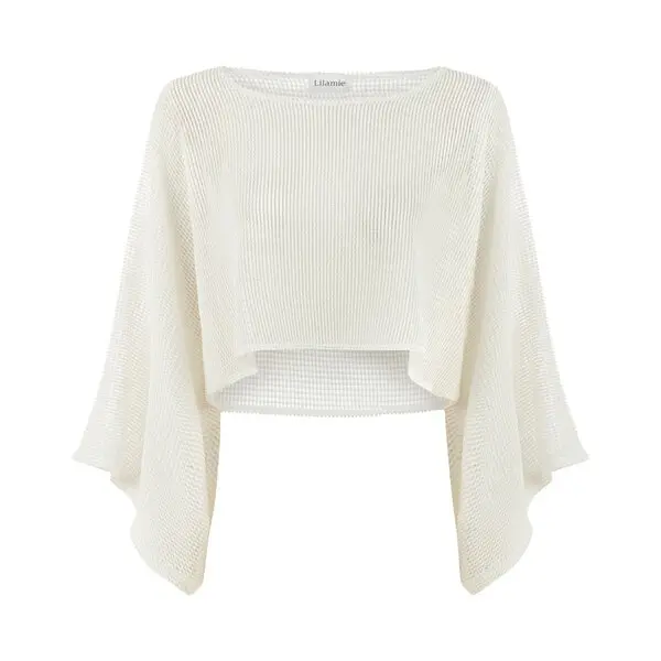 LILAMIE Carmen Loose Fit Boatneck Long Sleeve Beach Blouse - White