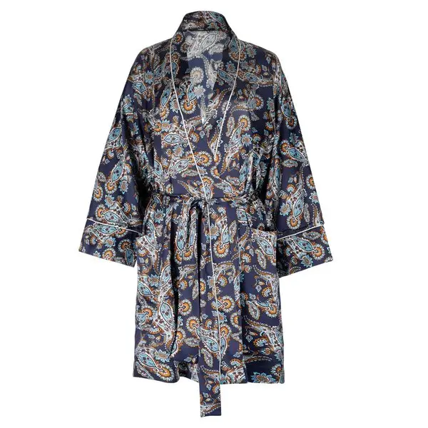 OH!ZUZA NIGHT&DAY Neutrals Silk Robe Navy Print - Blue