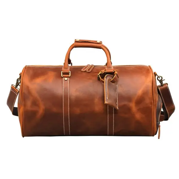 TOURI Leather Overnight Duffle Bag With Shoe Storage - Brown