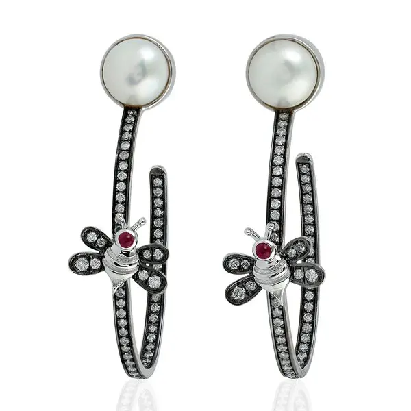 ARTISAN Pearl, Ruby & Diamond Bee Drop Earrings In 18k Oxidized Gold - White