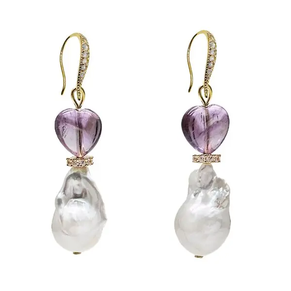 FARRA Baroque Pearl Heart Amethyst Dangle Earrings - White