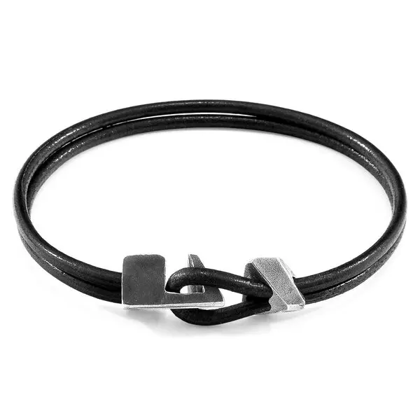 ANCHOR & CREW Brixham Silver & Round Leather Bracelet - Silver/black