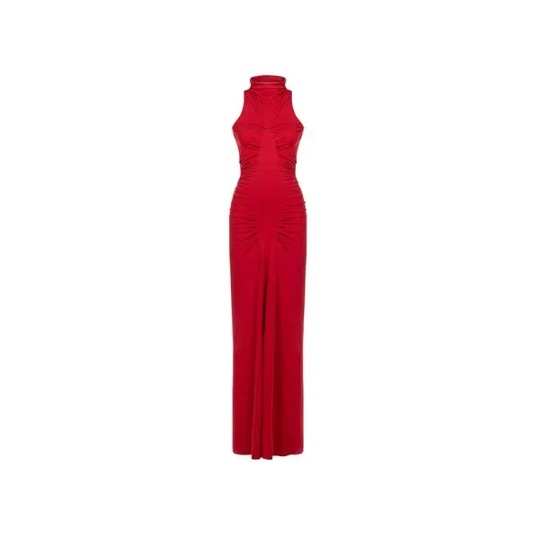 NOCTURNE Ruched High-neck Maxi Dress - Red