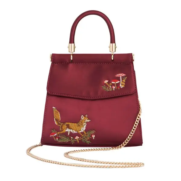 FABLE ENGLAND Fox & Mushroom Embroidered Satin Tote - Red