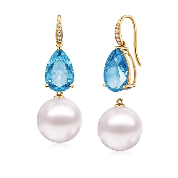 KAI FINE JEWELRY Solid Gold Natural Topaz, Diamond, And Freshwater Pearl Drop Earrings - Blue/gold/white