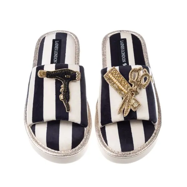 LAINES LONDON Flatform Stripe Slippers With Hairdresser Brooches - Black/white