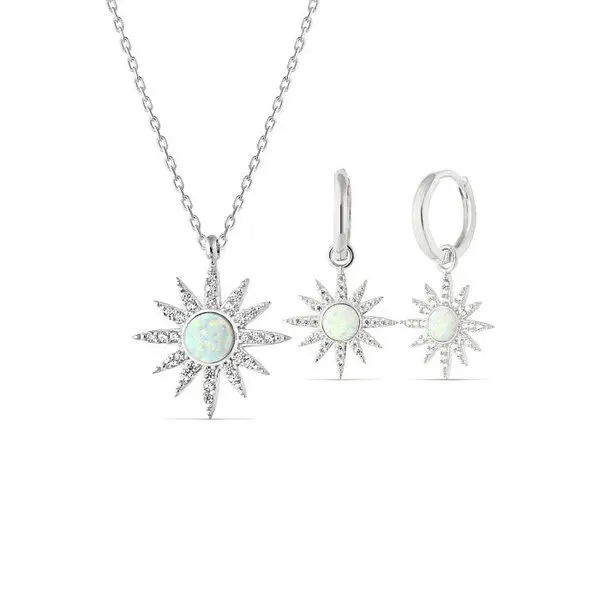 SPERO LONDON White Opal Sun Necklace And Earring Set - Silver