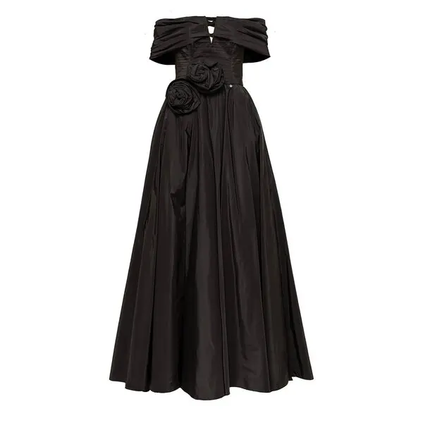 NISSA Floral-appliqué Taffeta Maxi Dress - Black