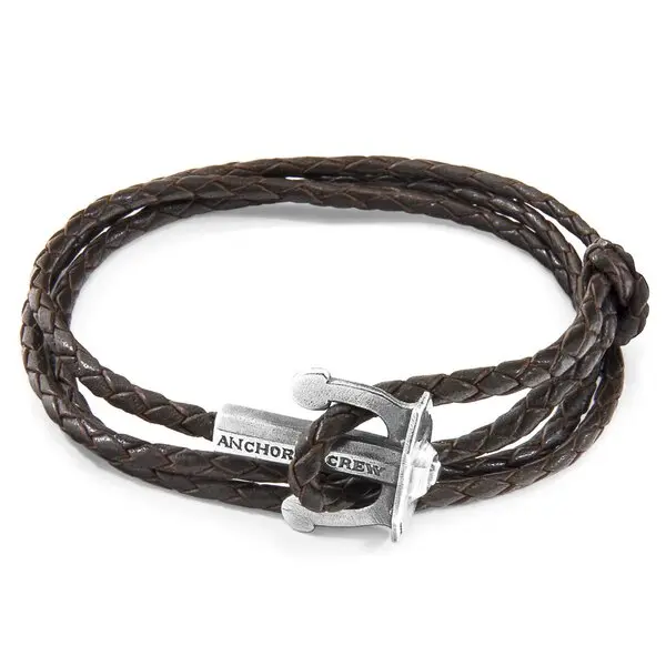ANCHOR & CREW Braided Leather Bracelet With Sterling Silver Anchor - Brown/silver