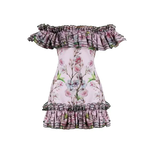 NUR KARAATA Floral Print Off-shoulder Ruffle Dress - Pink