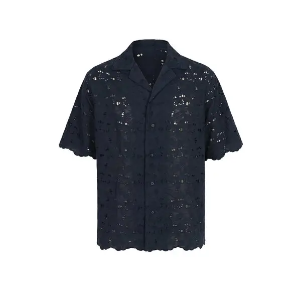 MODENAIRE Embroidered Eyelet Shirt Relaxed Fit Resort Collar - Black