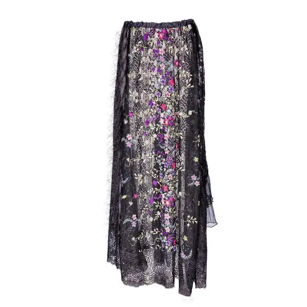 HARLOW LOVES DAISY Chapel Maxi Skirt With Embroidered Floral And Sparkle Lace And Fringe With Frills - Black