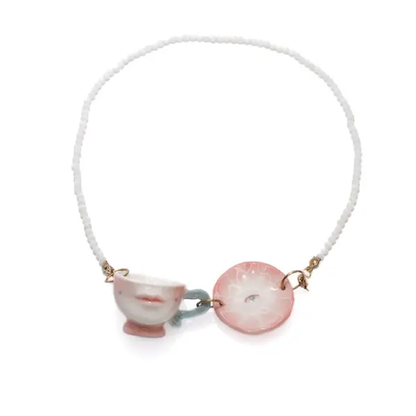 H2 STUDIO The Cup Theater Mini Porcelain Cup & Plate Shell Beads Necklace - Blue/pink/gold