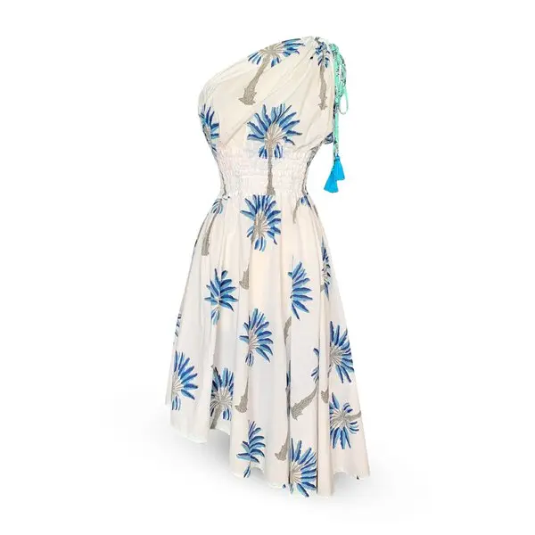 PICK HAPPY One-shoulder Handblock Cotton Dress - Blue/white