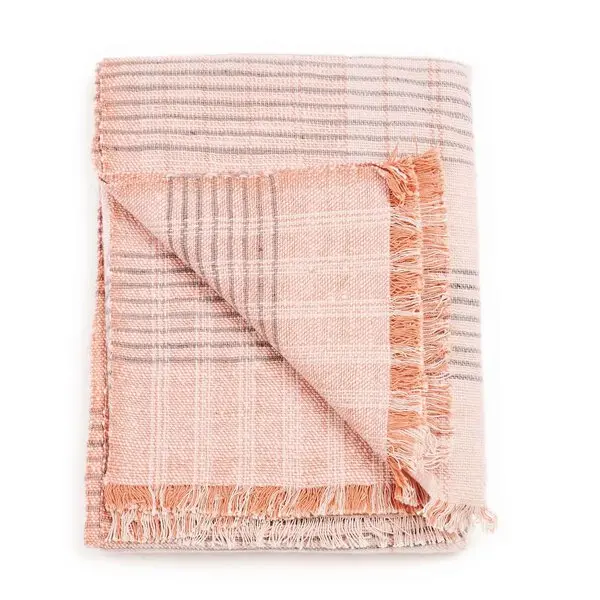 STUDIO VARIOUSLY Silica Rose Salmon Gray Stripes Handwoven Merino Throw - Pink