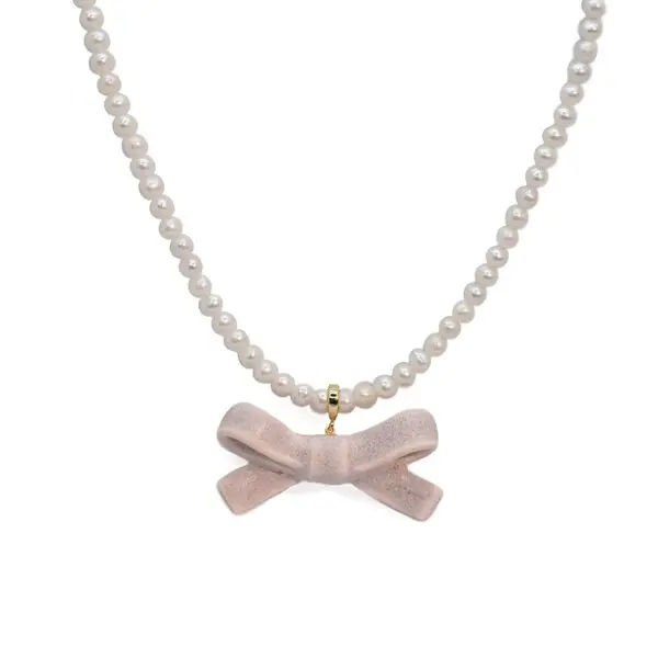 H2 STUDIO Pearl Necklace With Detachable Ceramic Bowtie Pendant - White/gold/pink