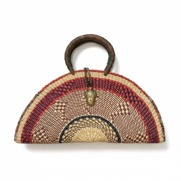 SOKONA Handwoven Raffia Half-moon Bag With Brass Pendant - Red